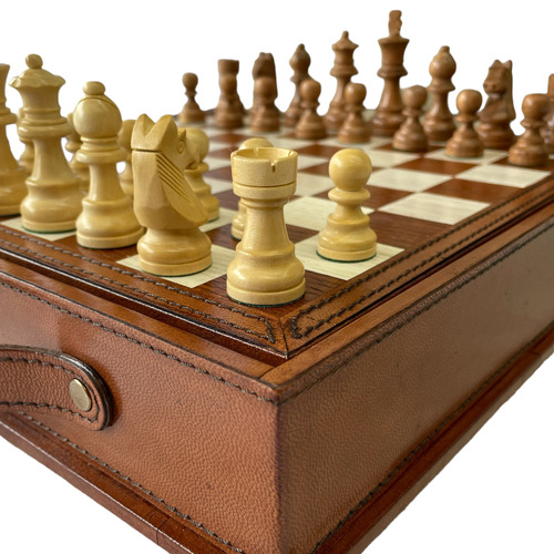 Oak Wood Genuine Leather Chess Board Game